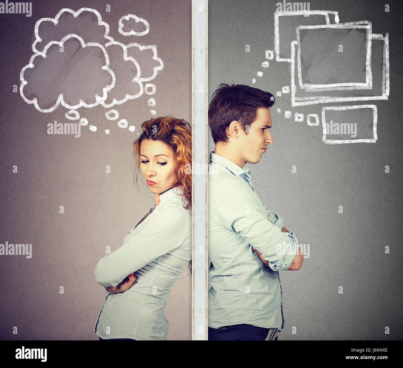 Angry couple thoughtful man and woman separated by wall or door Stock ...