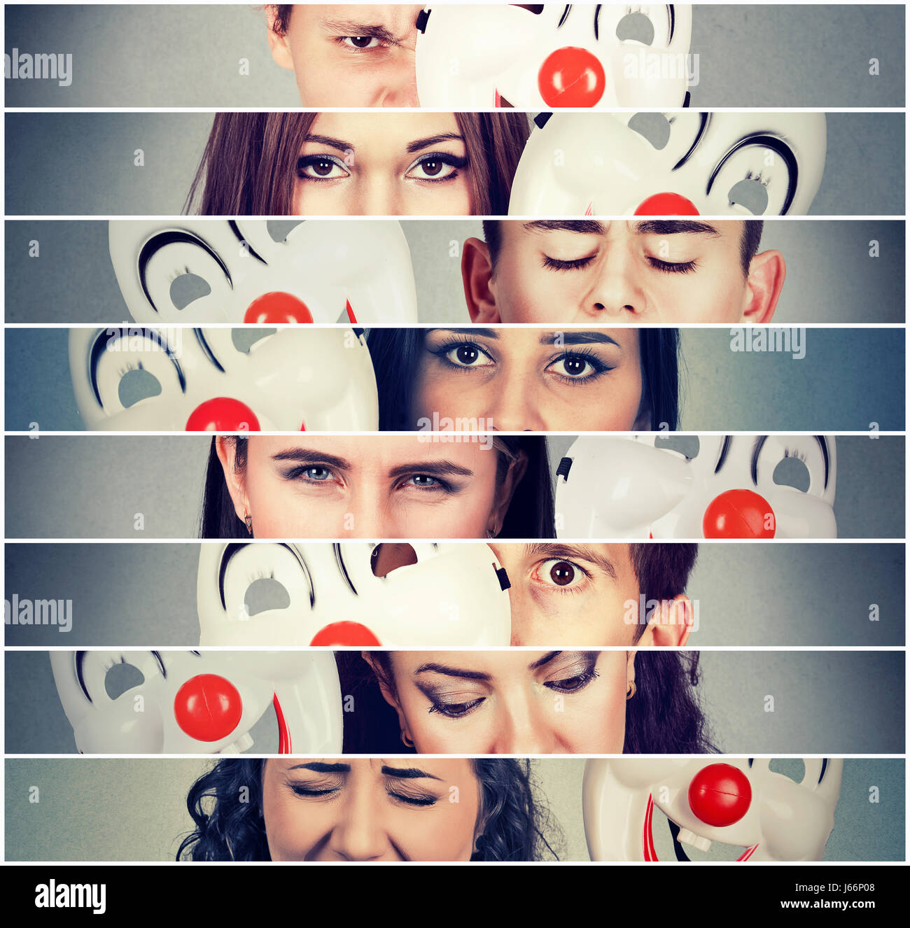 Group of sad angry stressed people hiding real emotions behind happy ...