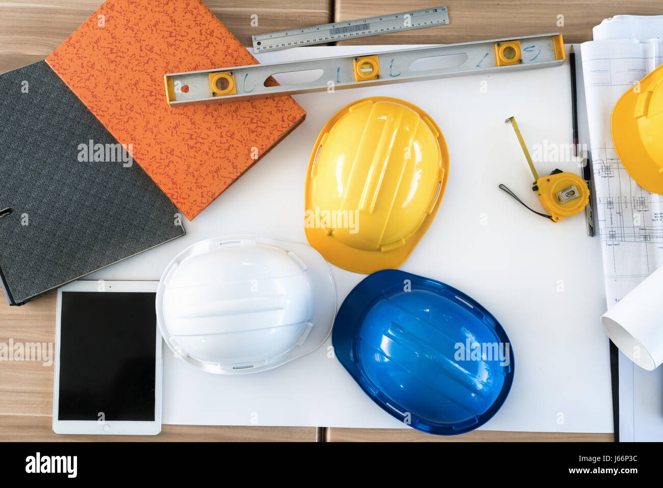 Engineer office desk background with construction project ideas concept ...