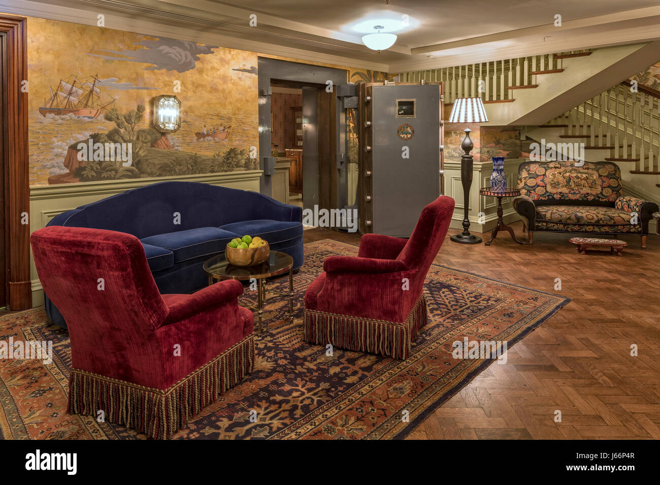 Spa reception with hand-painted walls. The Ned Hotel, London, United ...