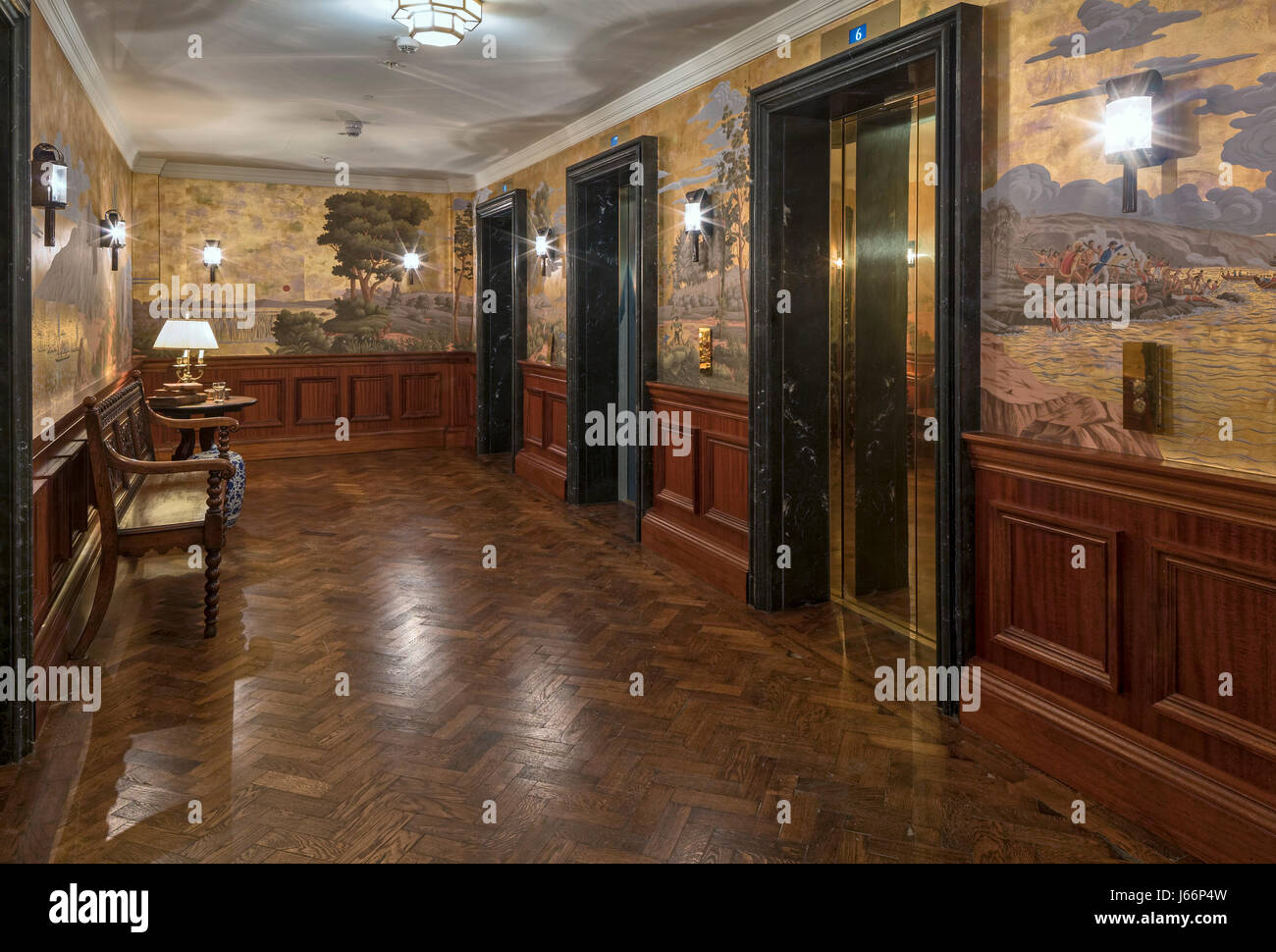 Lift lobby with hand-painted walls. The Ned Hotel, London, United ...