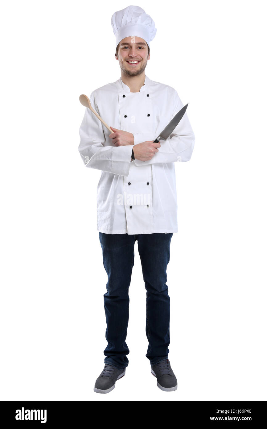 Cook apprentice trainee cooking with knife standing full body job young ...