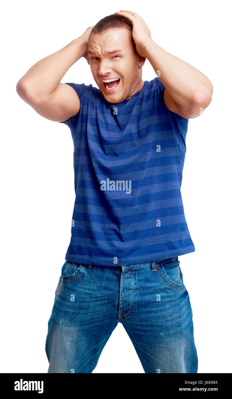 portrait of a scared young man isolated against white background Stock ...