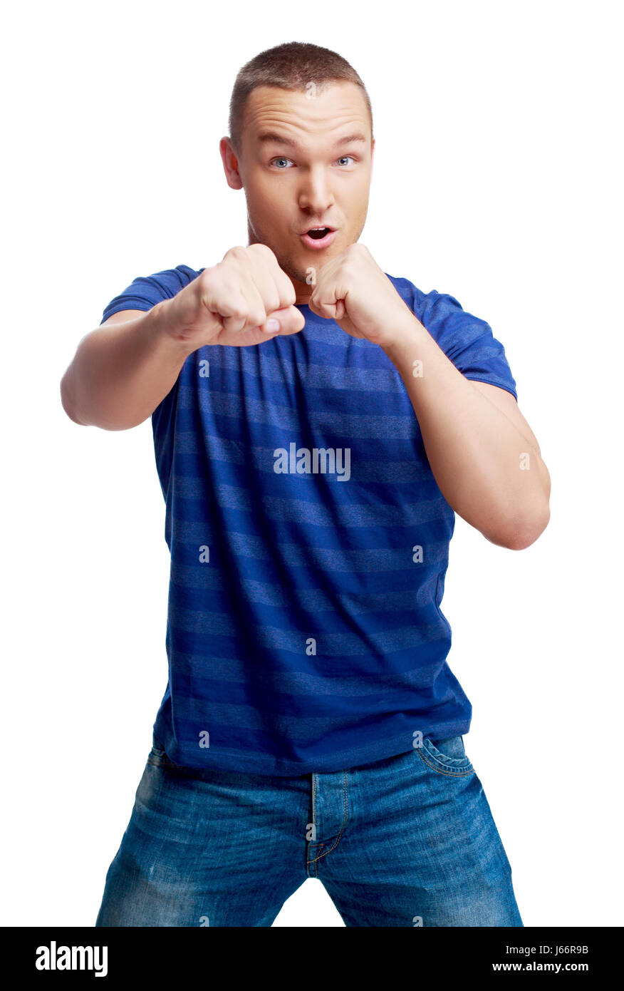 portrait of a young man boxing sign isolated against white background ...