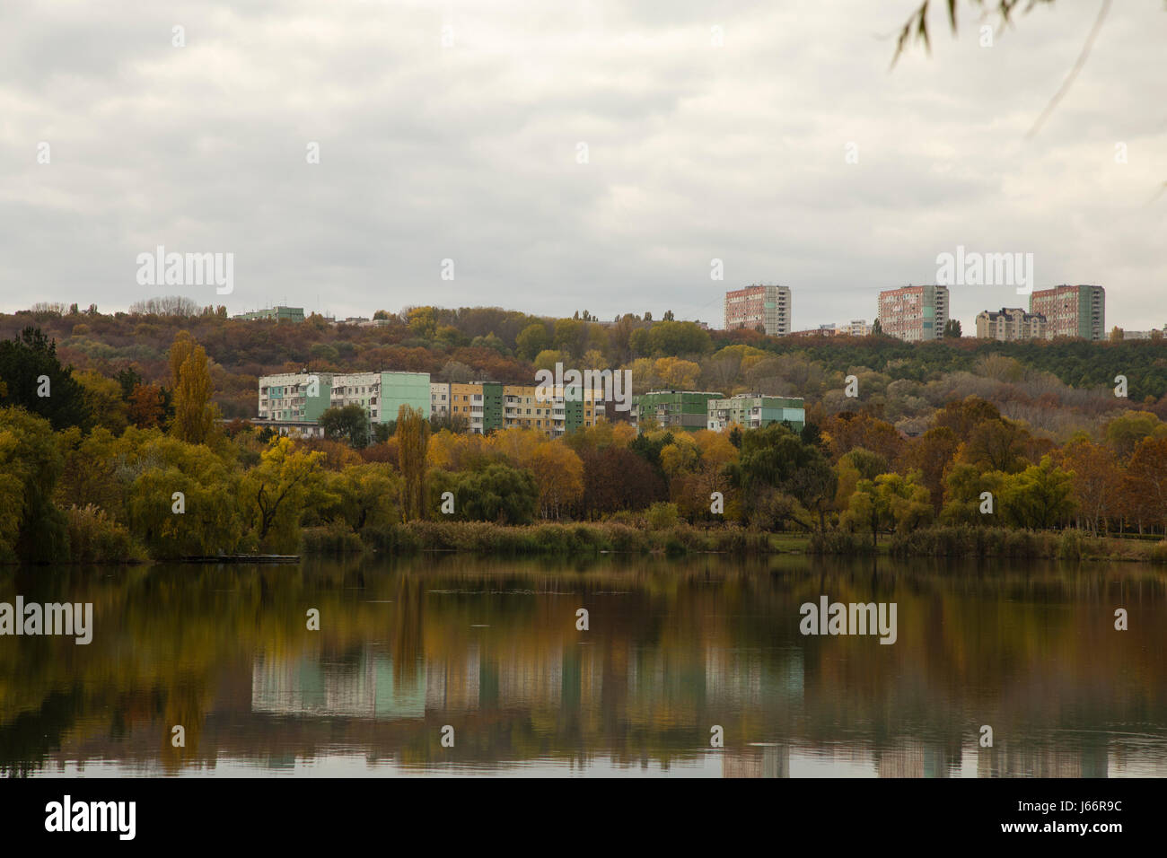 Autumn urban landscape. There are a townscape and a city lake Stock ...