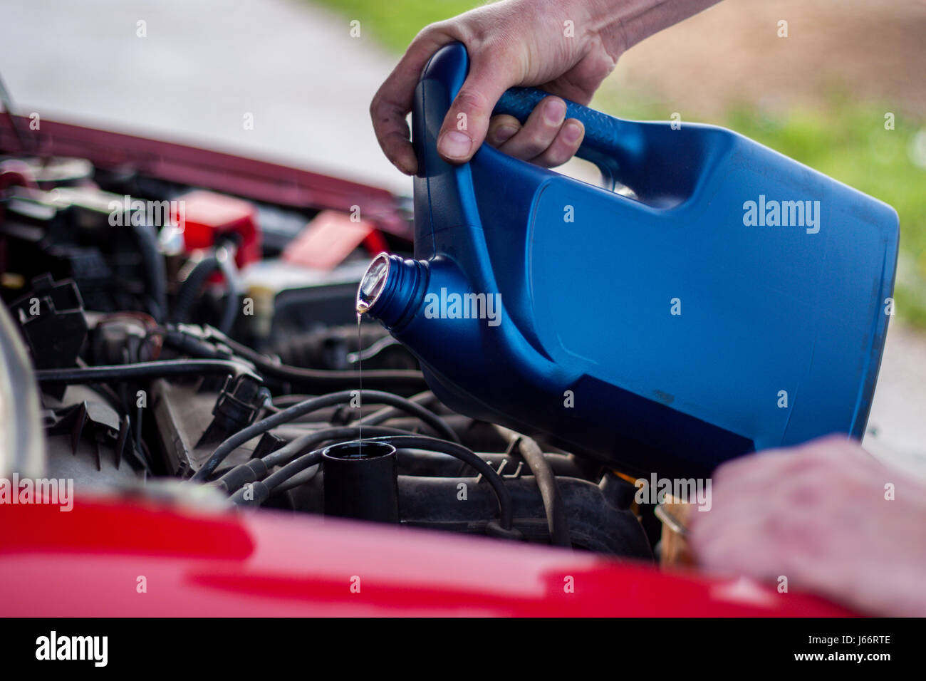 Raised the hood of the car, the master pours oil in the engine of the ...