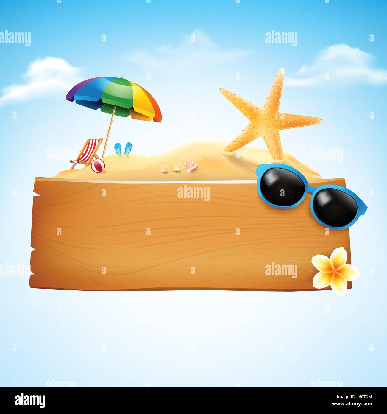Blank wood board with copyspace and summer beach element vector ...