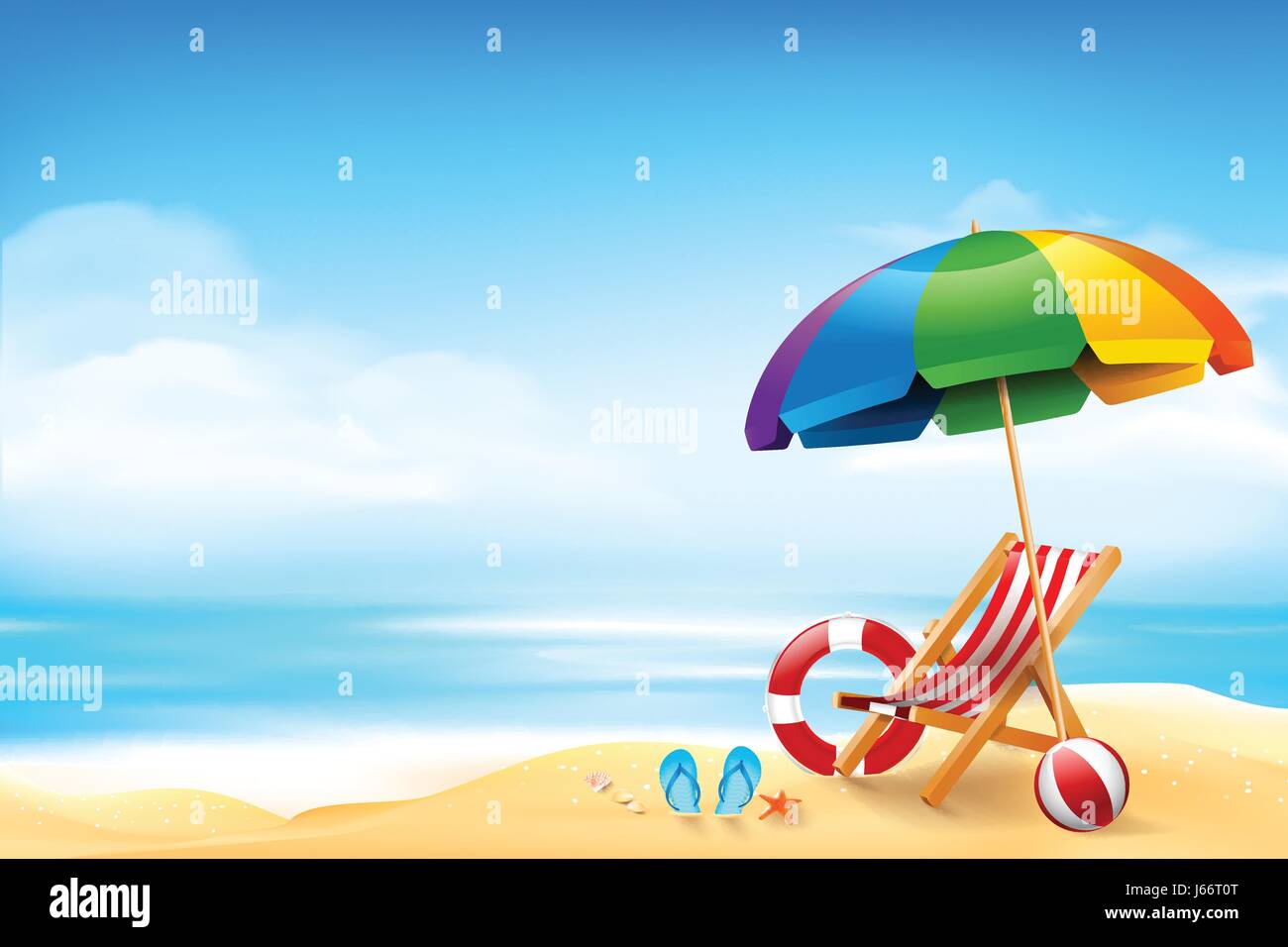 The chair ball starfish and life ring on the beach over blur blue sky ...
