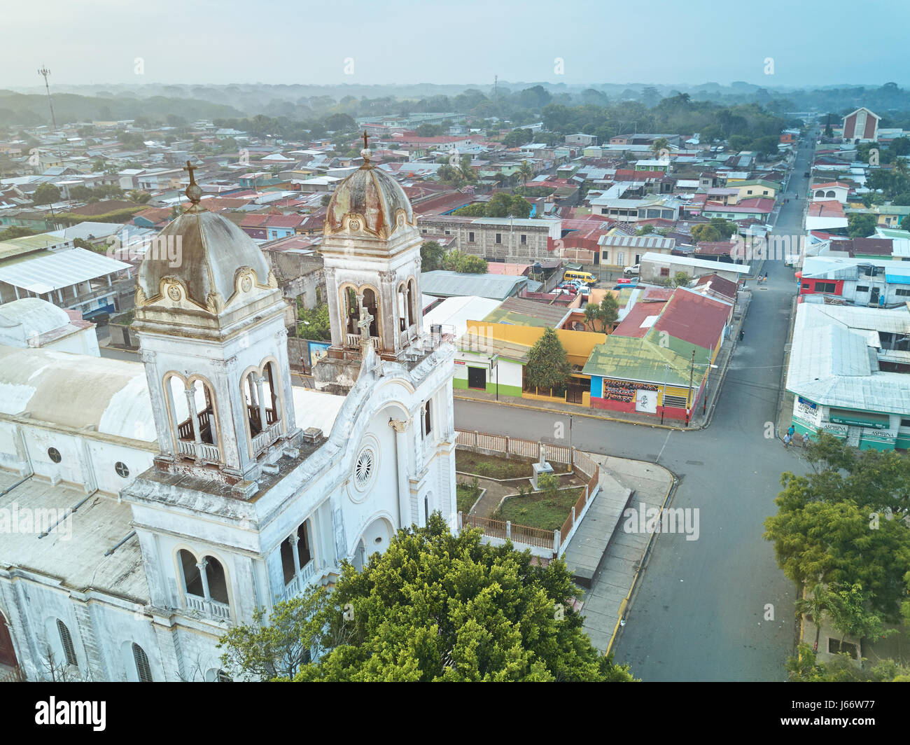 Central square in Diriamba city aerial view. Church in Diriamba drone ...