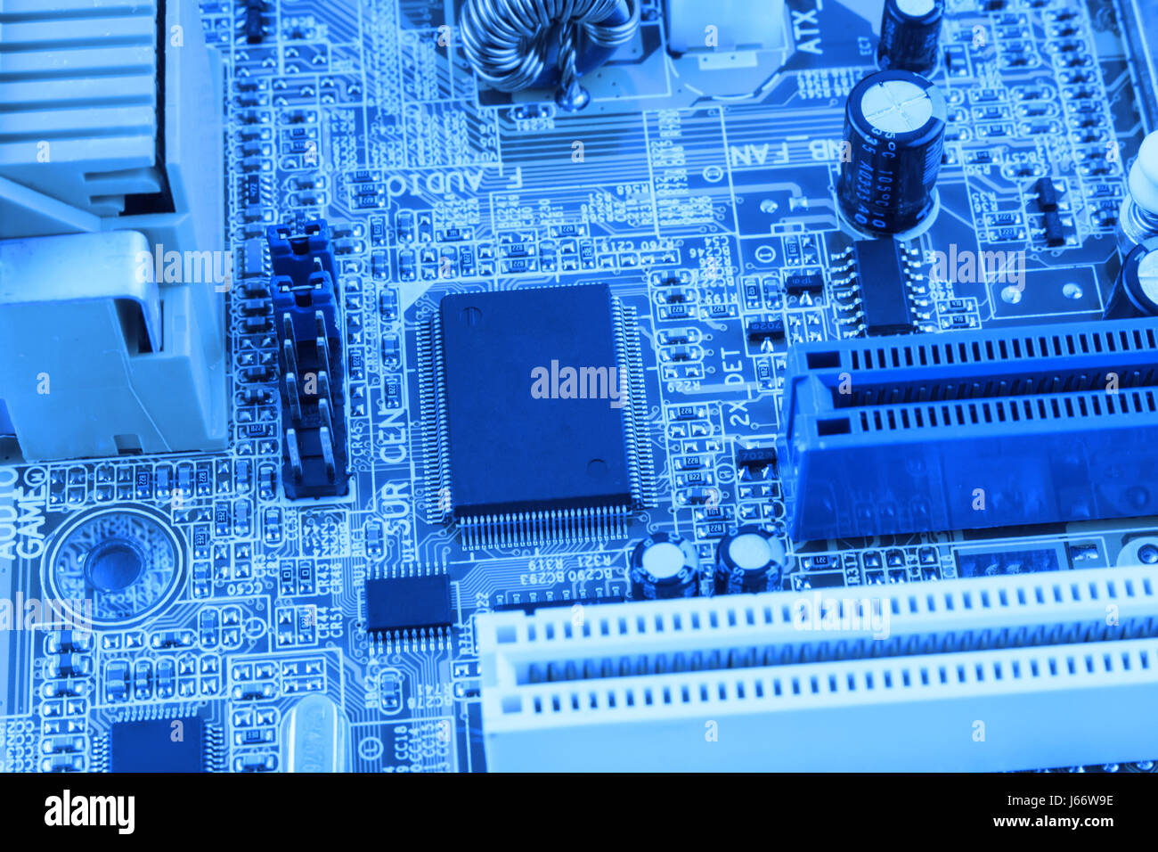Integrated semiconductor microchip microprocessor on blue circuit board ...