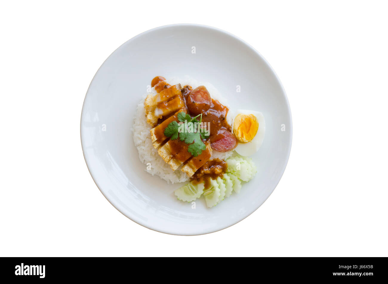 Rice crispy pork in sauce with rice isolated on white background Stock ...