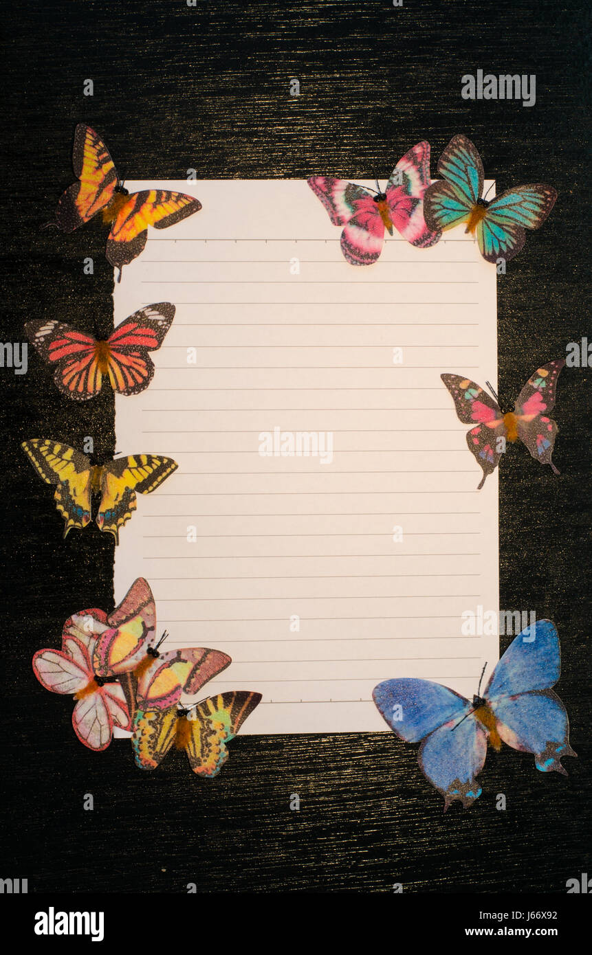 Butterfly decoration on the black wooden background, still life ...