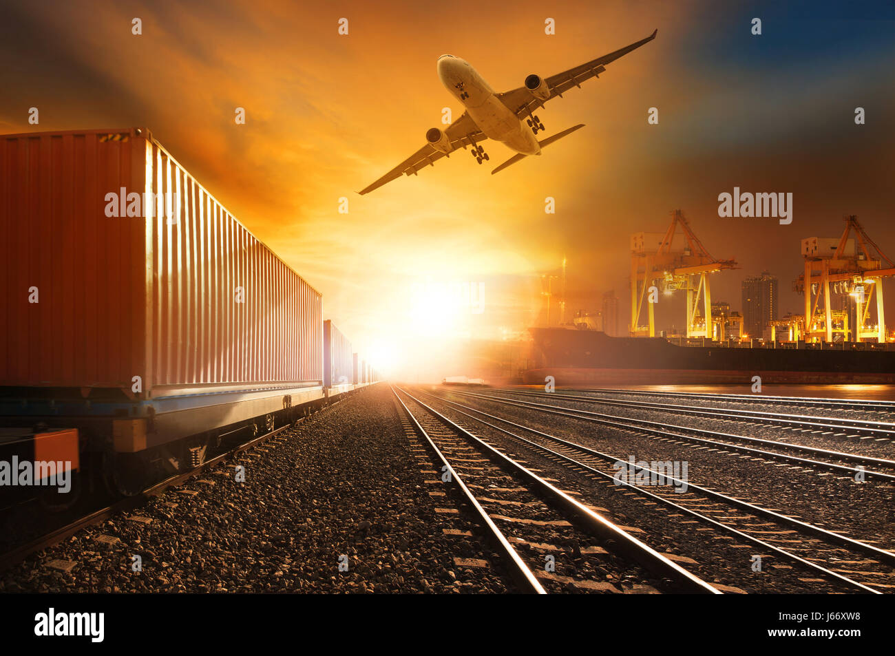 industry container trainst running on railways track and commercial ...