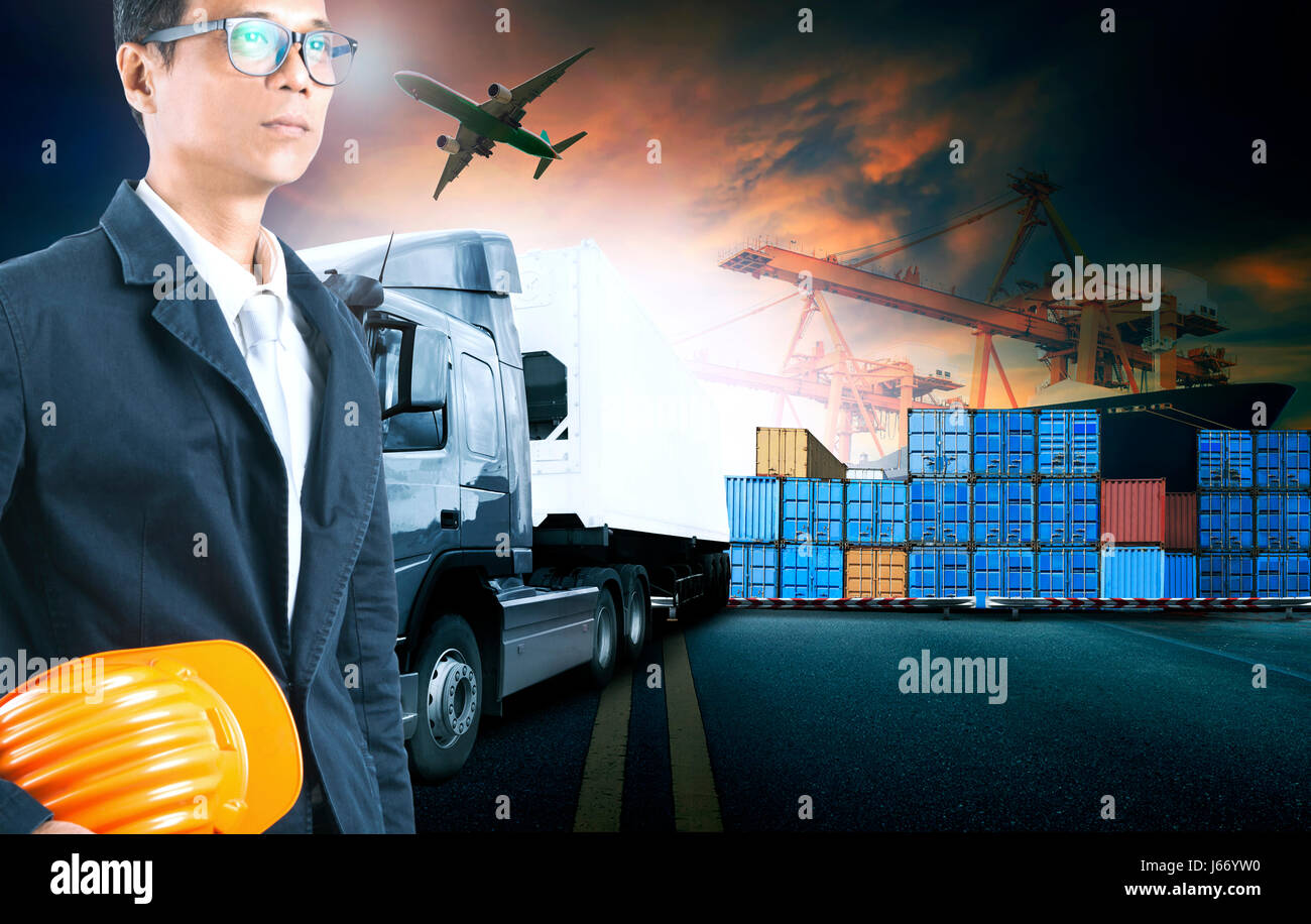 business man working in shipping port use for logistic and cargo ...