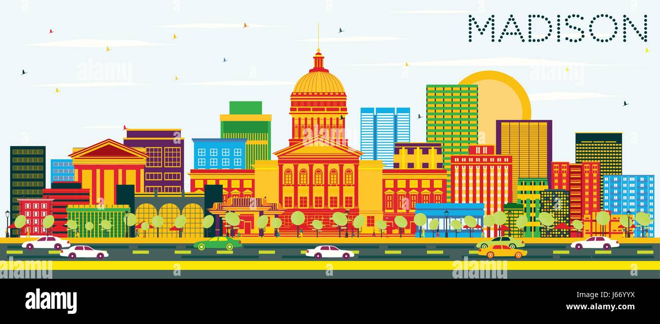 Madison Skyline with Color Buildings and Blue Sky. Vector Illustration ...