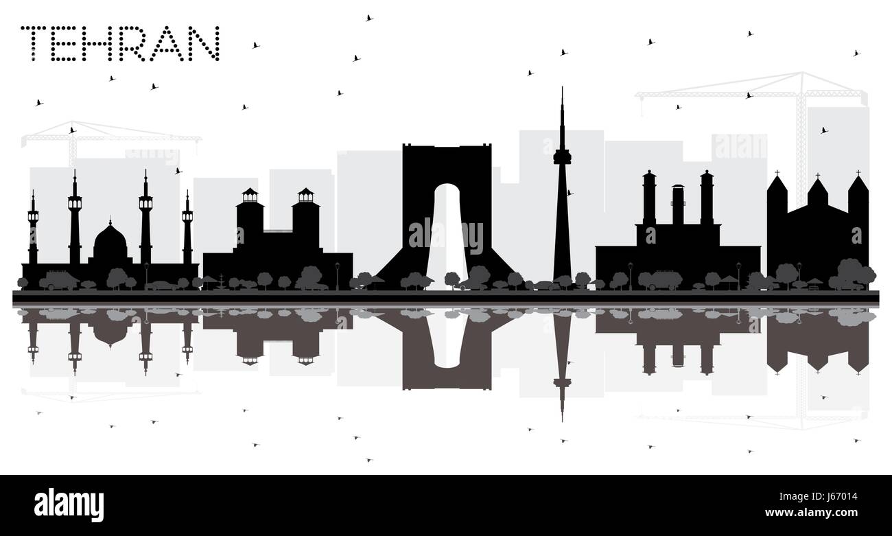 Tehran City skyline black and white silhouette with reflections. Vector ...