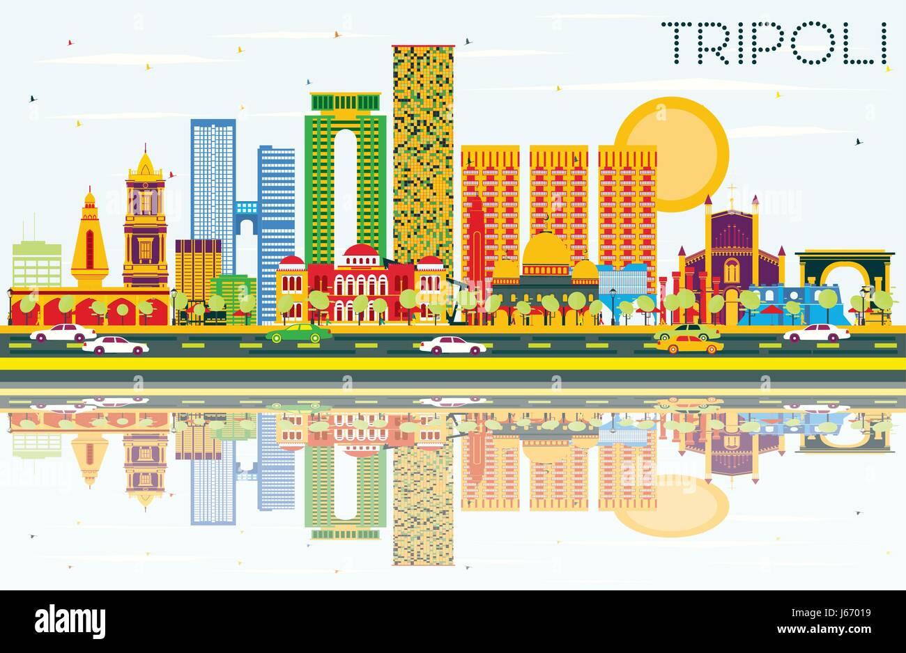 Tripoli Skyline with Color Buildings, Blue Sky and Reflections. Vector ...