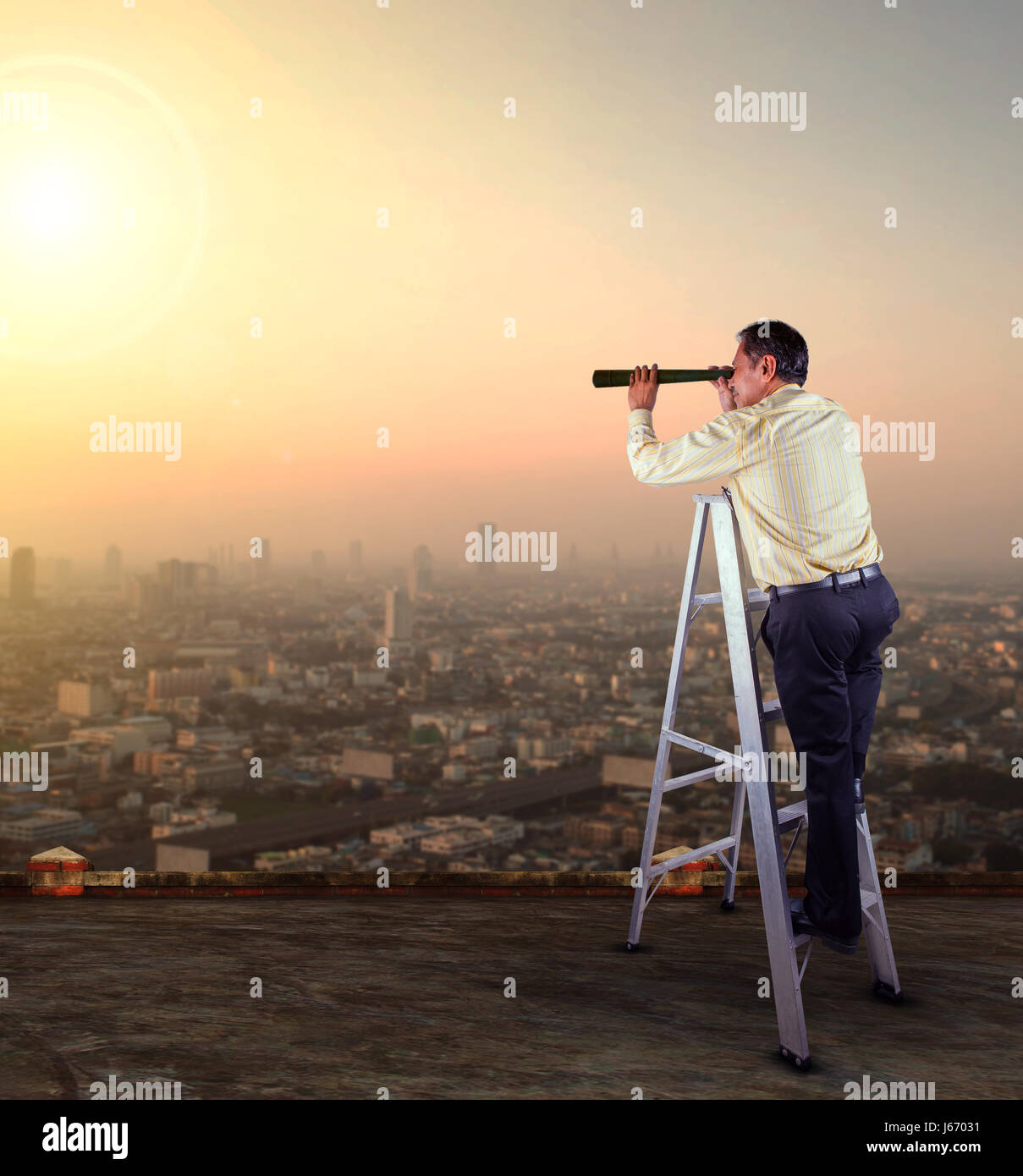 business man spying lens on high building roof against skyscraper scene ...