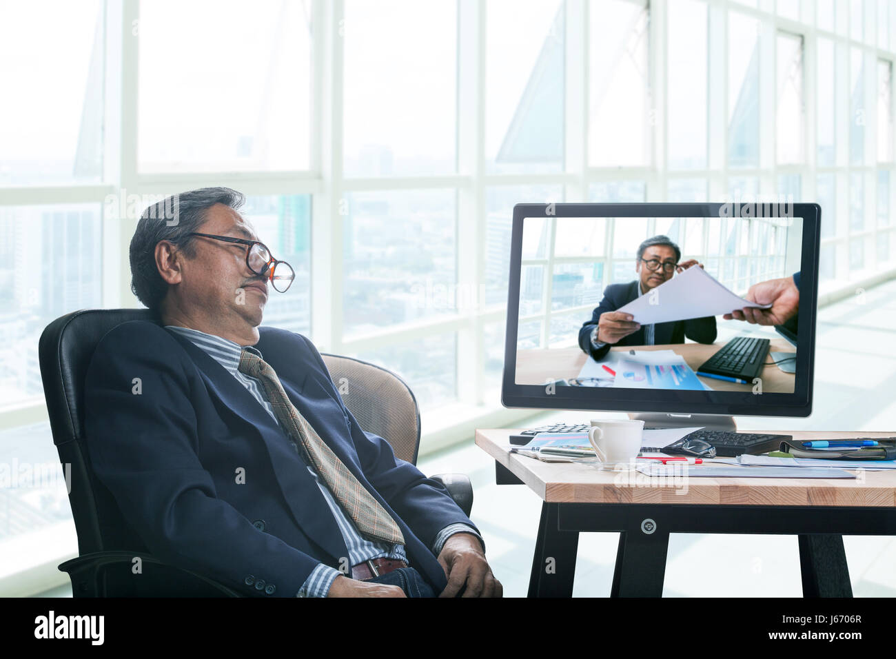 senior business man asleeping in office working time with himself ...