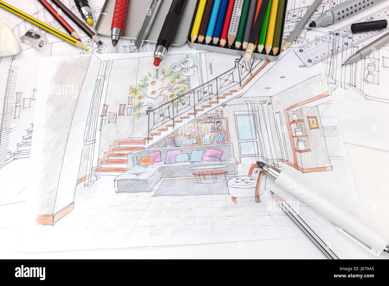 color pens, rulers and other drawing tools on hand drawn draft sketch ...