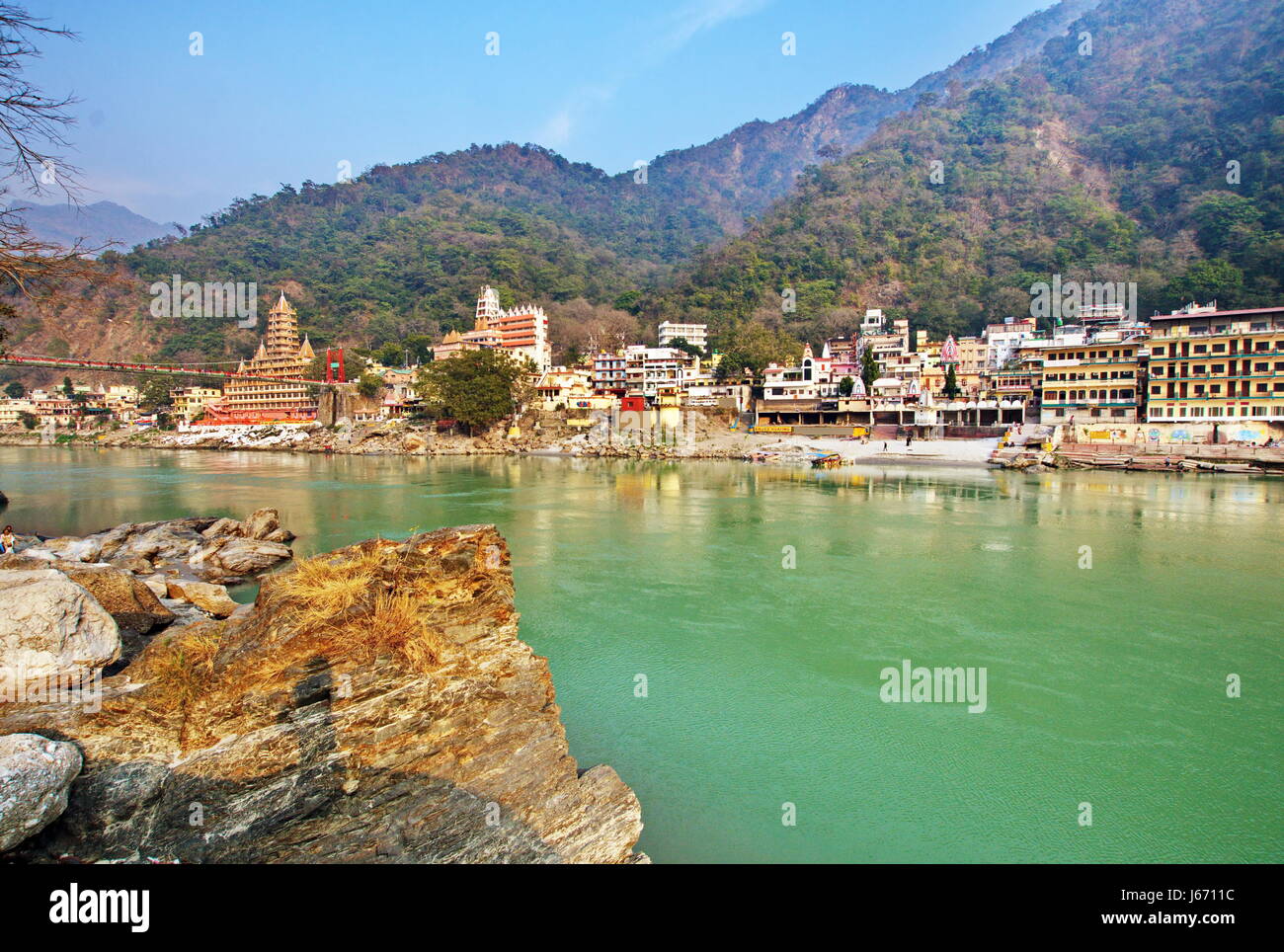 Rishikesh India by the Ganges River view from above over the bridge ...