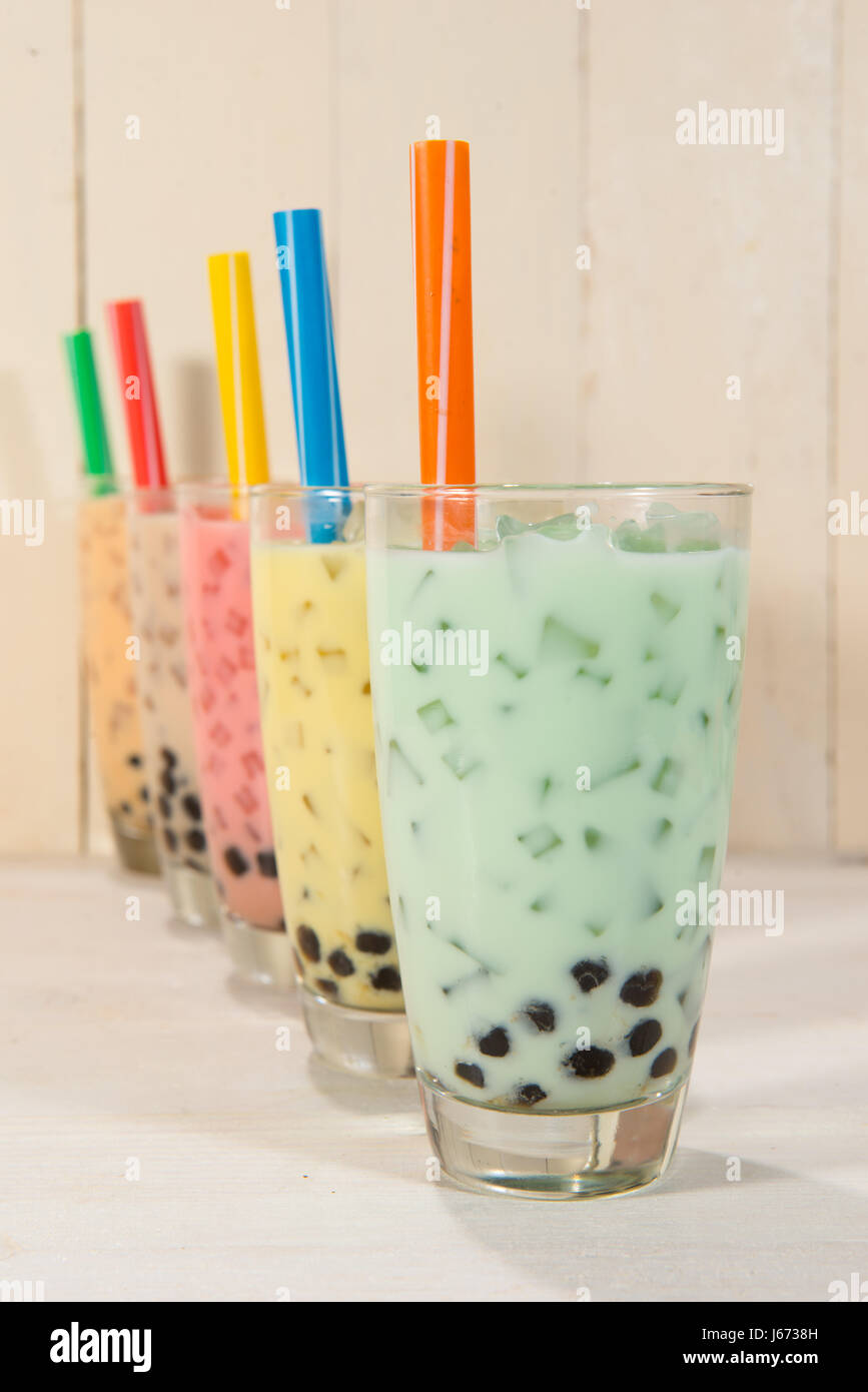 Boba / Bubble tea. Homemade Various Milk Tea with Pearls on wooden ...