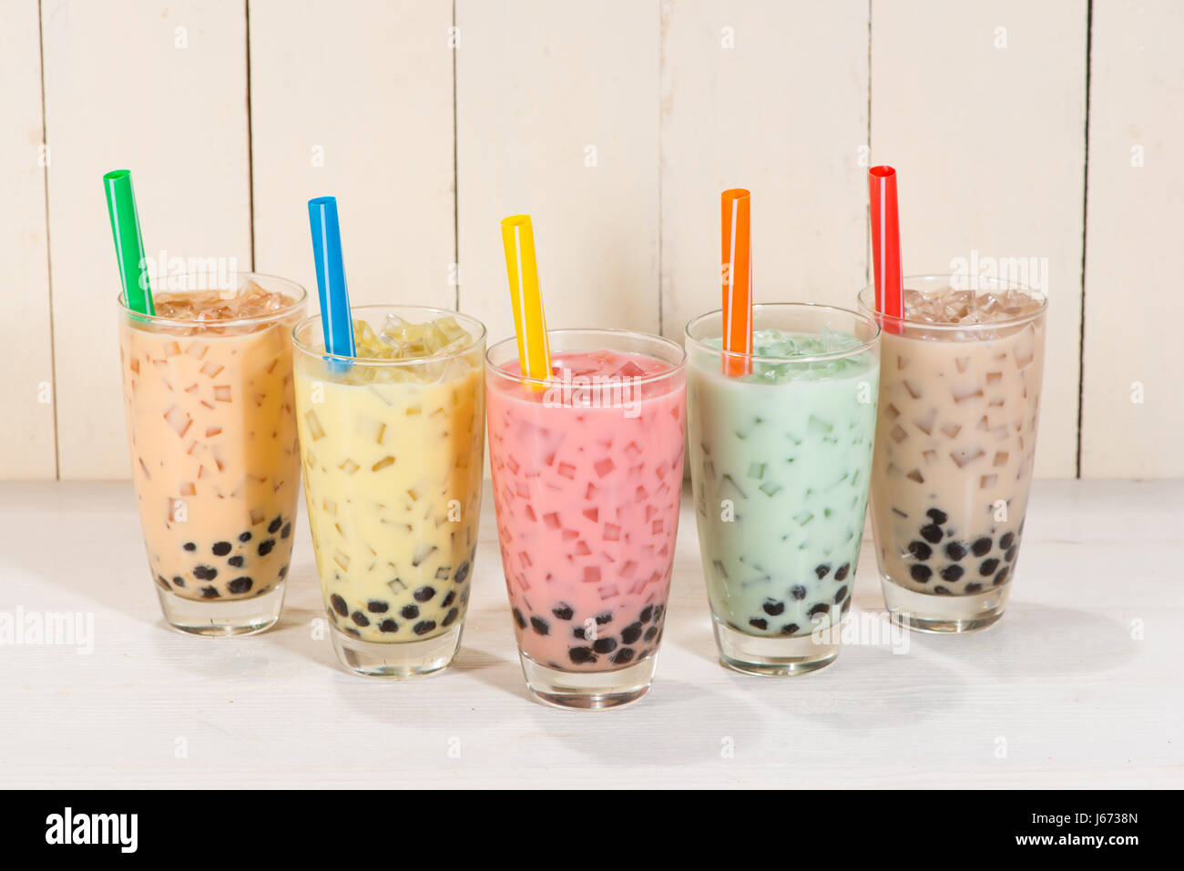Boba / Bubble tea. Homemade Various Milk Tea with Pearls on wooden ...