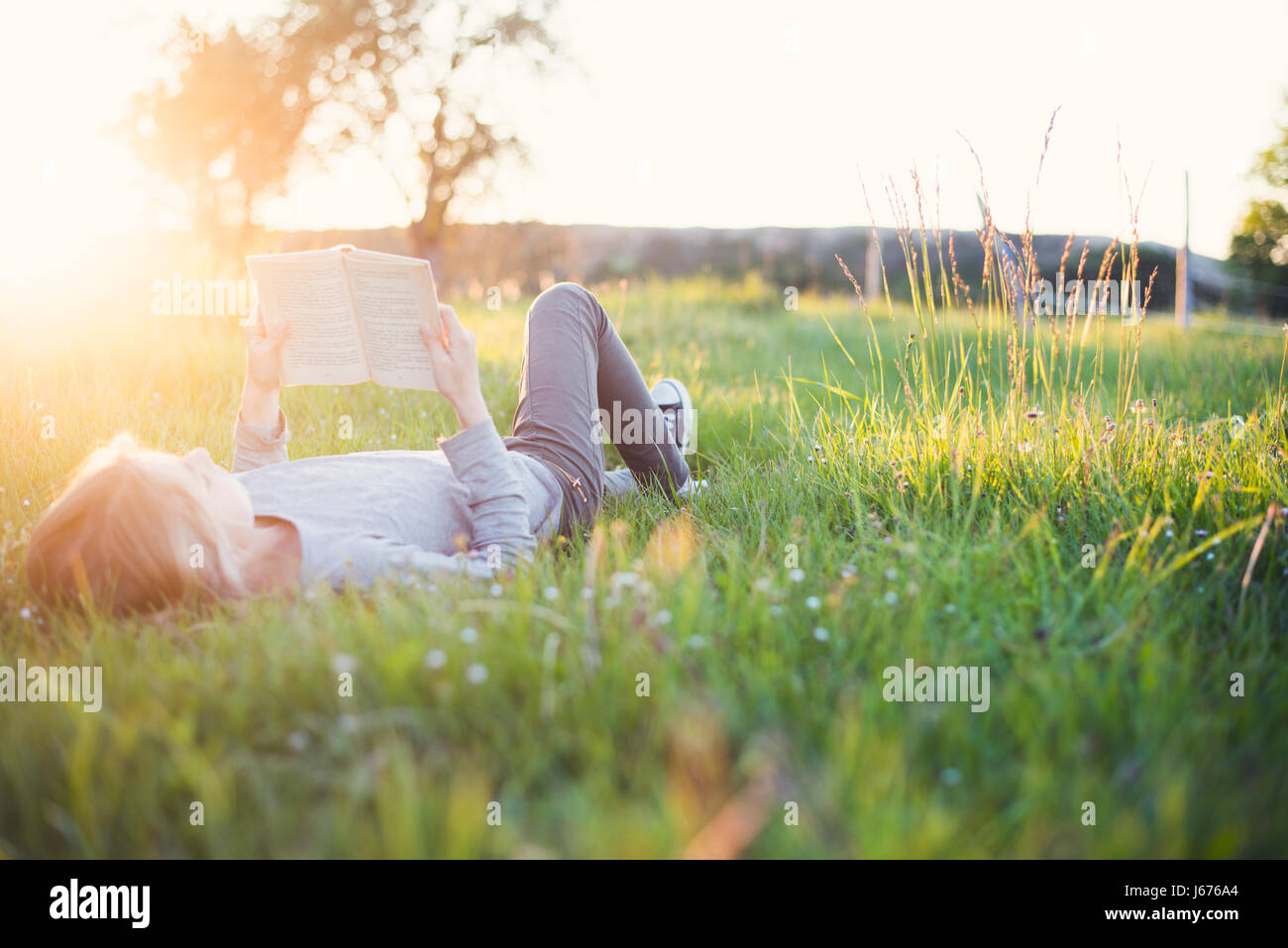 girl reading a book in the summer evening sun Stock Photo - Alamy