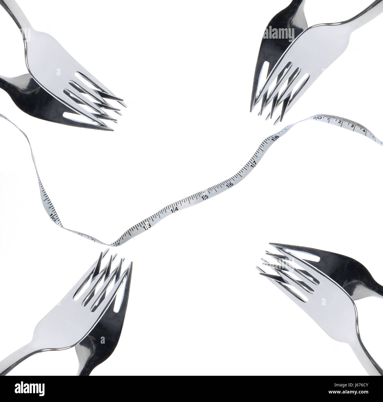 four forks multiple measuring tape food aliment arrangement isolated ...