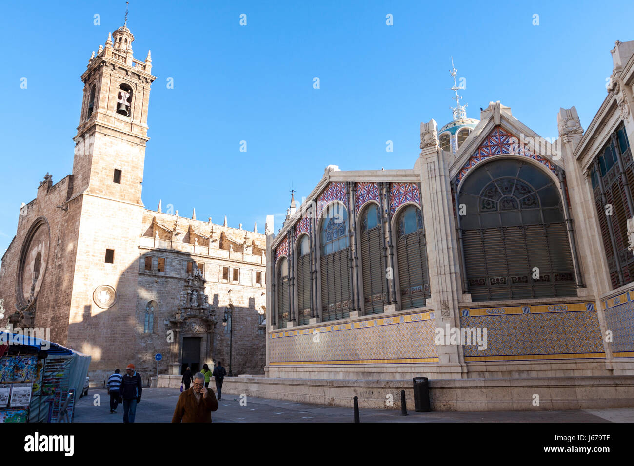 Facade of the modernist Mercat Central market at sunrise. Valencia ...