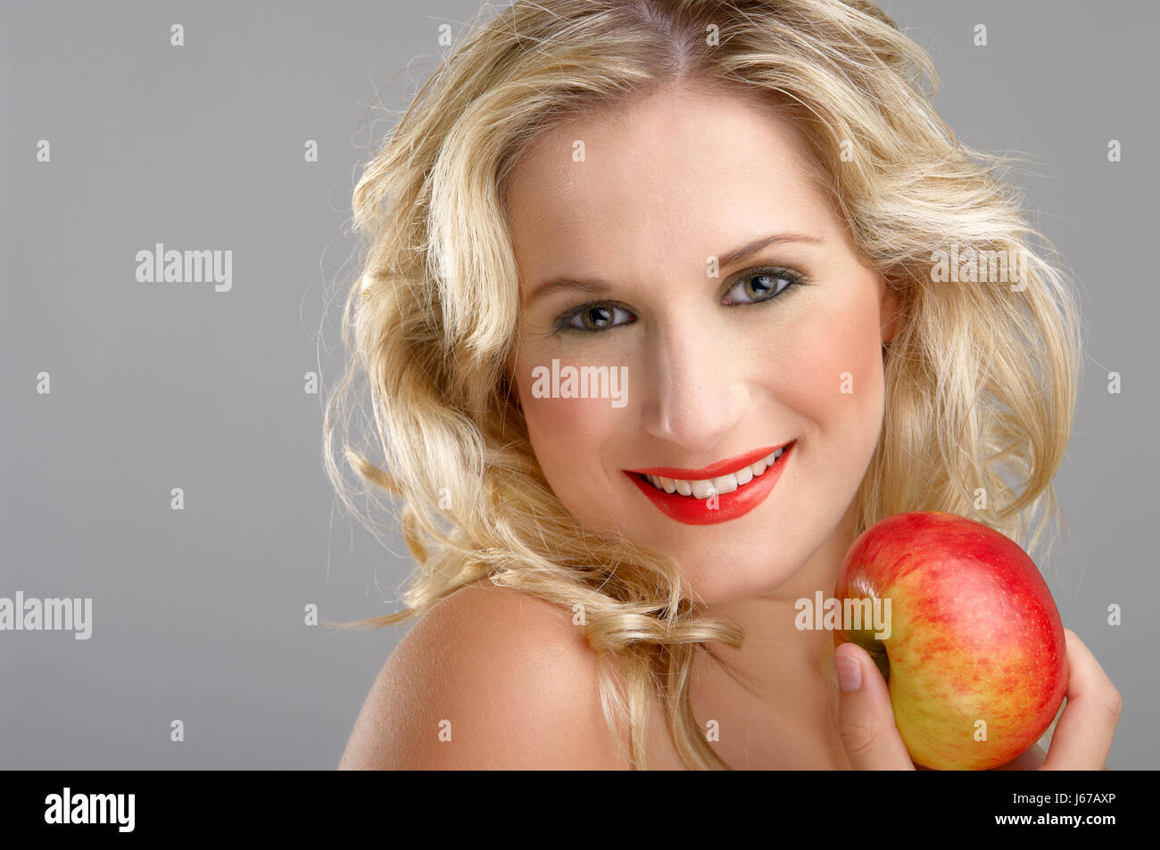 woman fruit apples apple young younger blond fresh healthy woman laugh ...