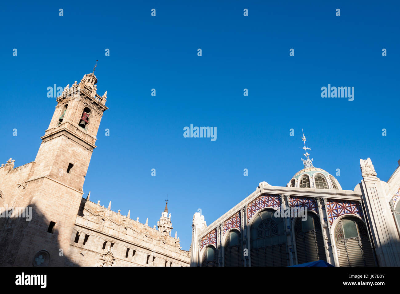Facade of the modernist Mercat Central market at sunrise. Valencia ...