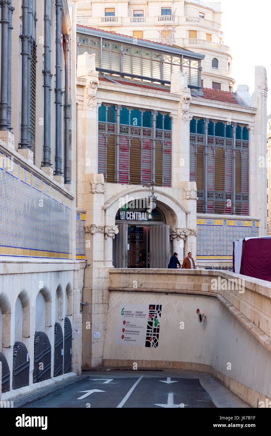 Facade of the modernist Mercat Central market at sunrise. Valencia ...