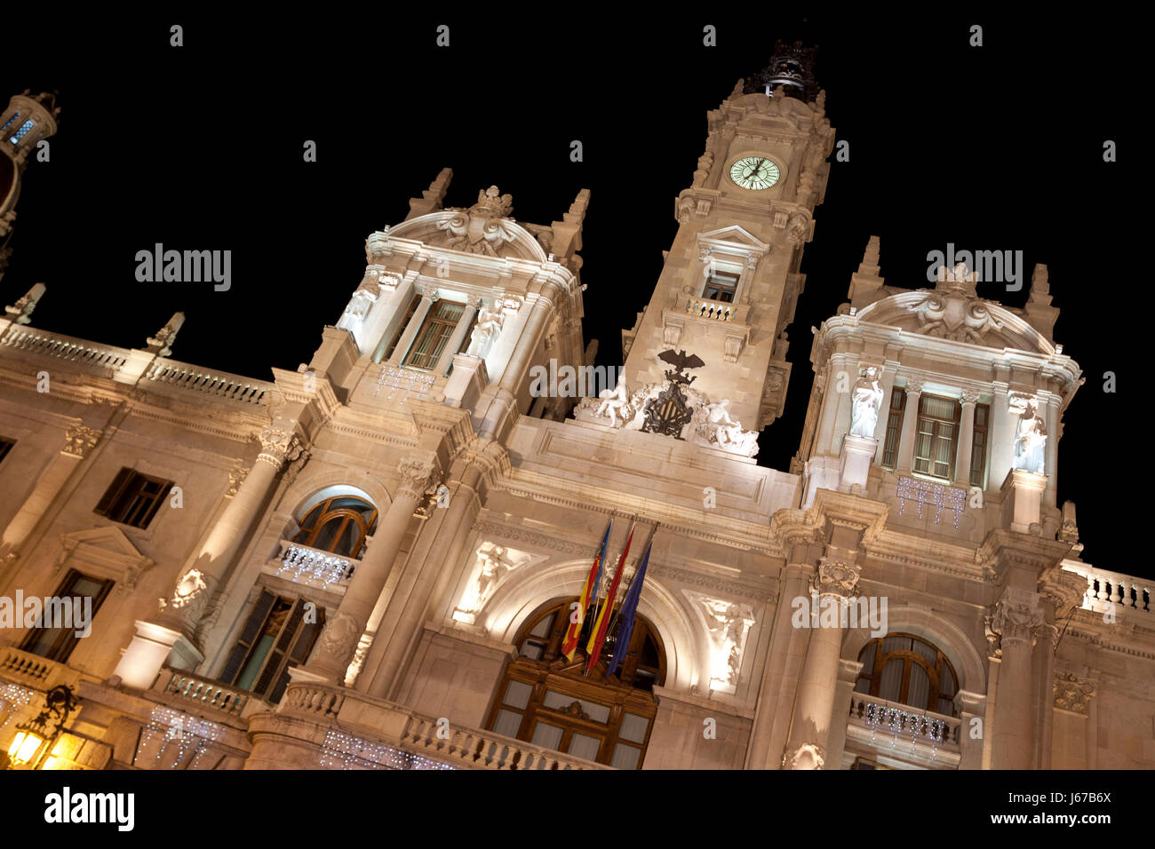Facade of municipality of Valencia at night. Valencia, Spain Stock ...
