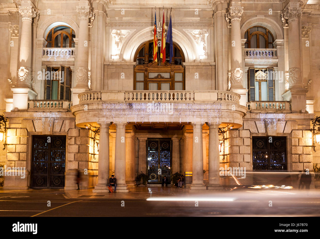 Facade of municipality of Valencia at night. Valencia, Spain Stock ...