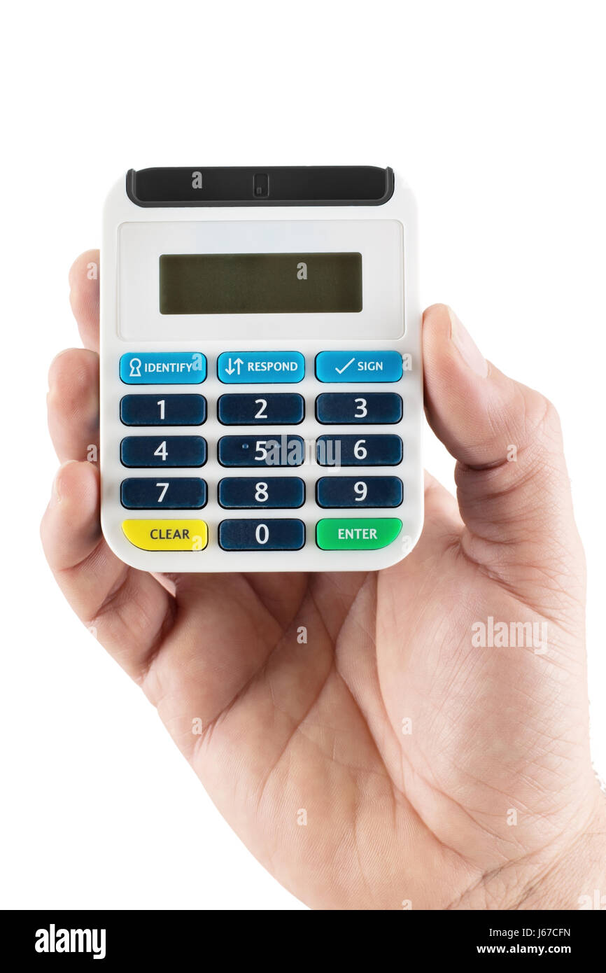 Single man's hand holding a pin card pinsentry reader to identify card ...