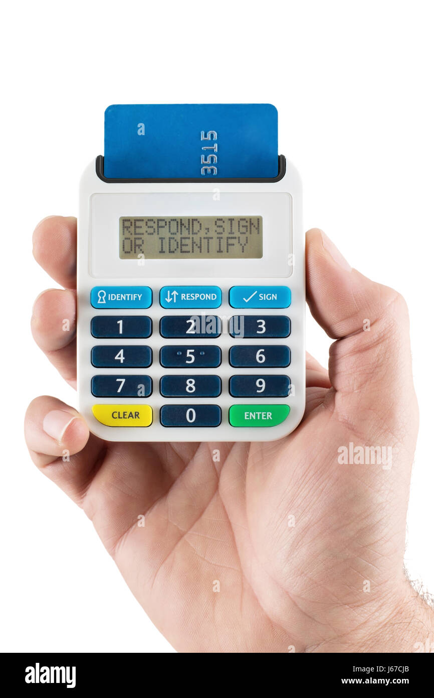 Single man's hand holding a pin card pinsentry reader to identify card ...