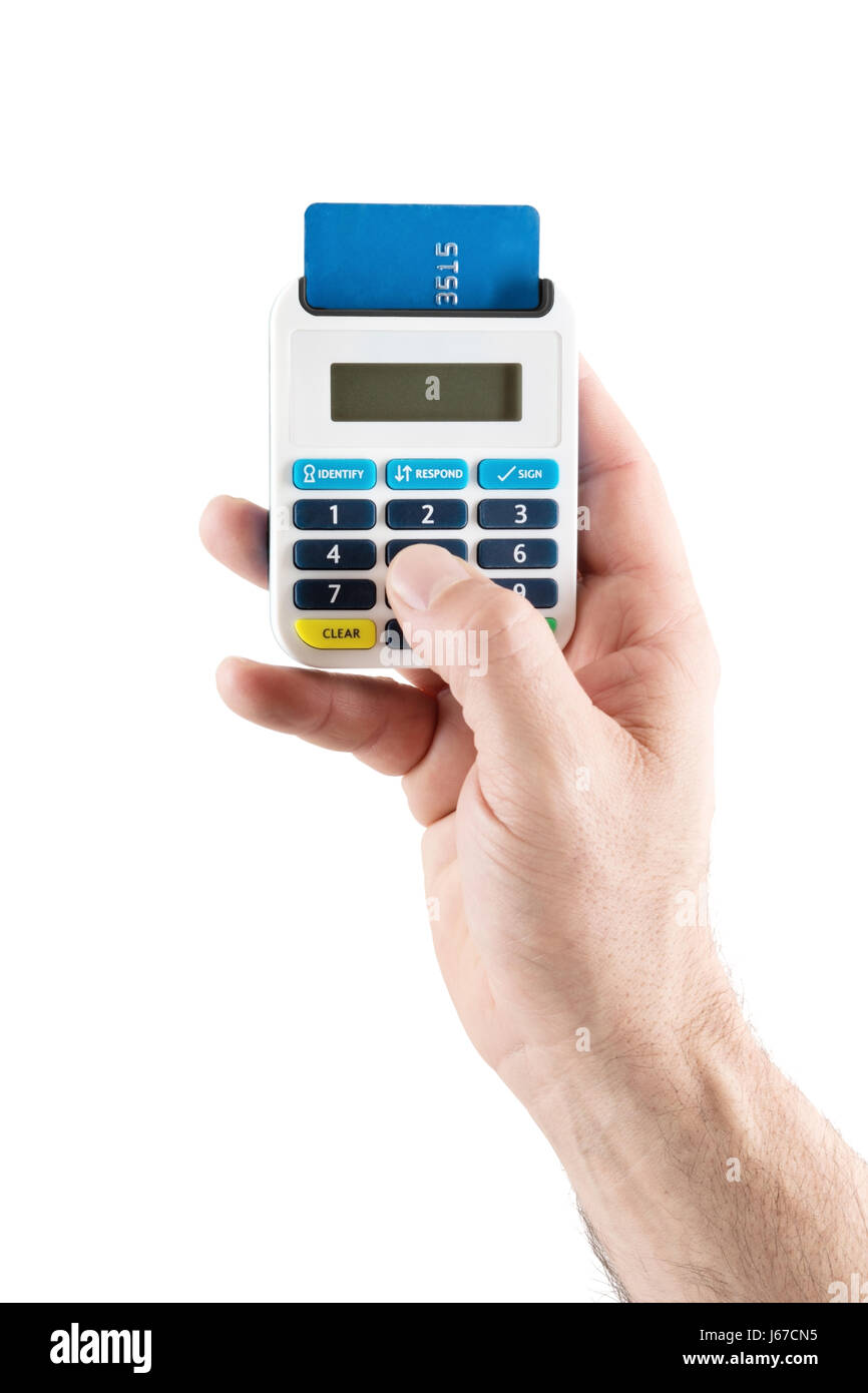 Single man's hand holding a pin card pinsentry reader to identify card ...