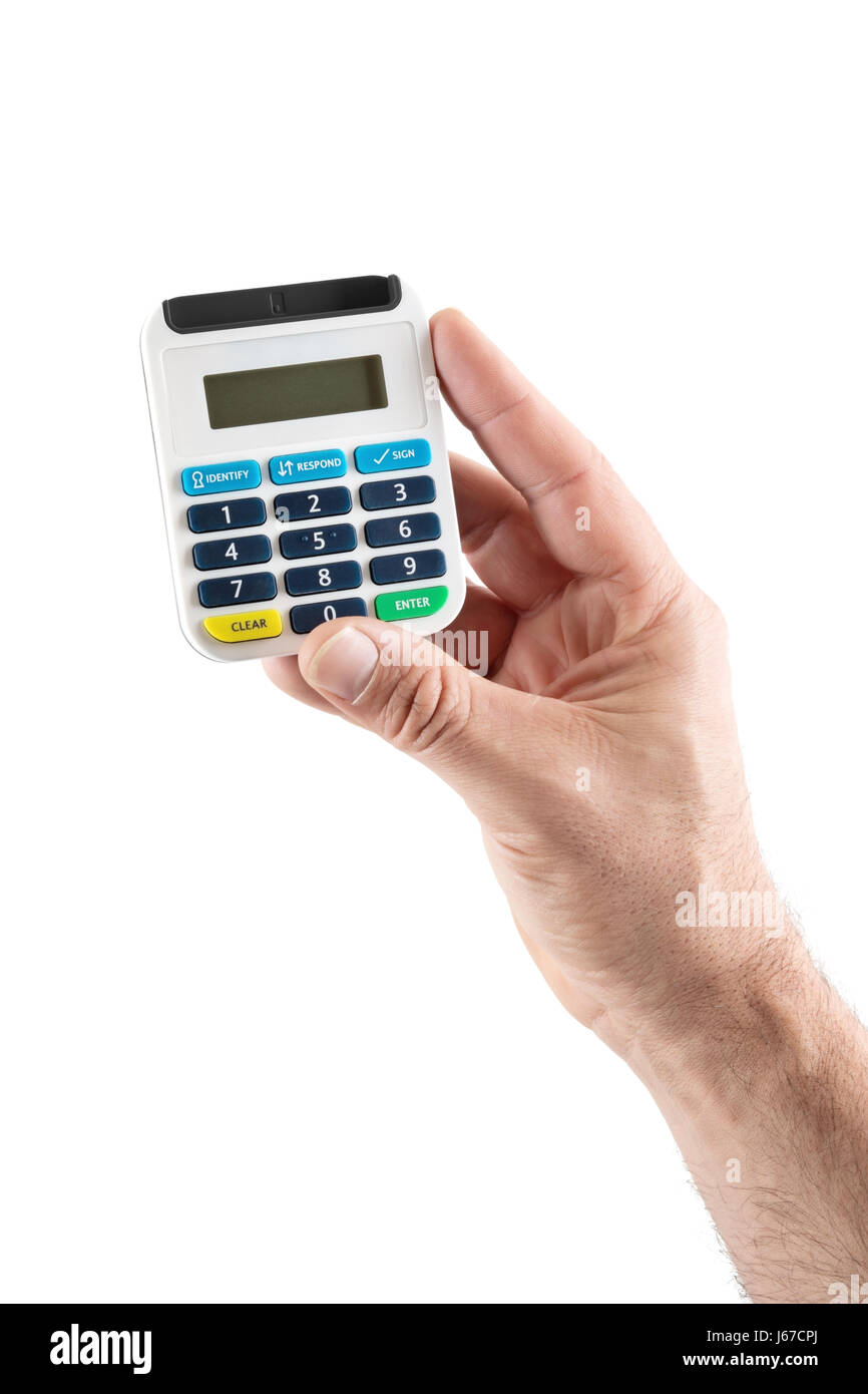 Single man's hand holding a pin card pinsentry reader to identify card ...