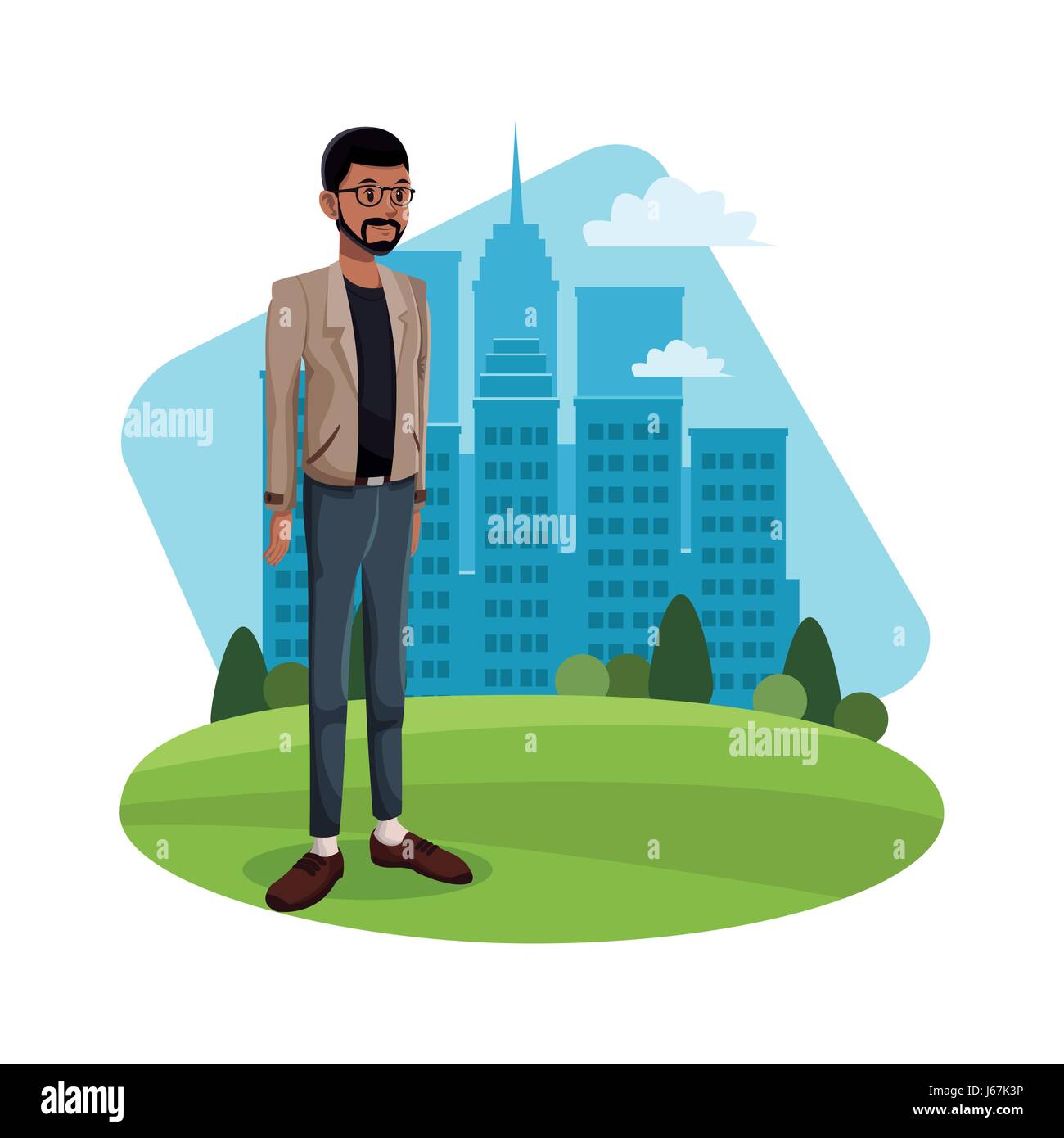 cartoon guy standing grass with city building background Stock Vector ...