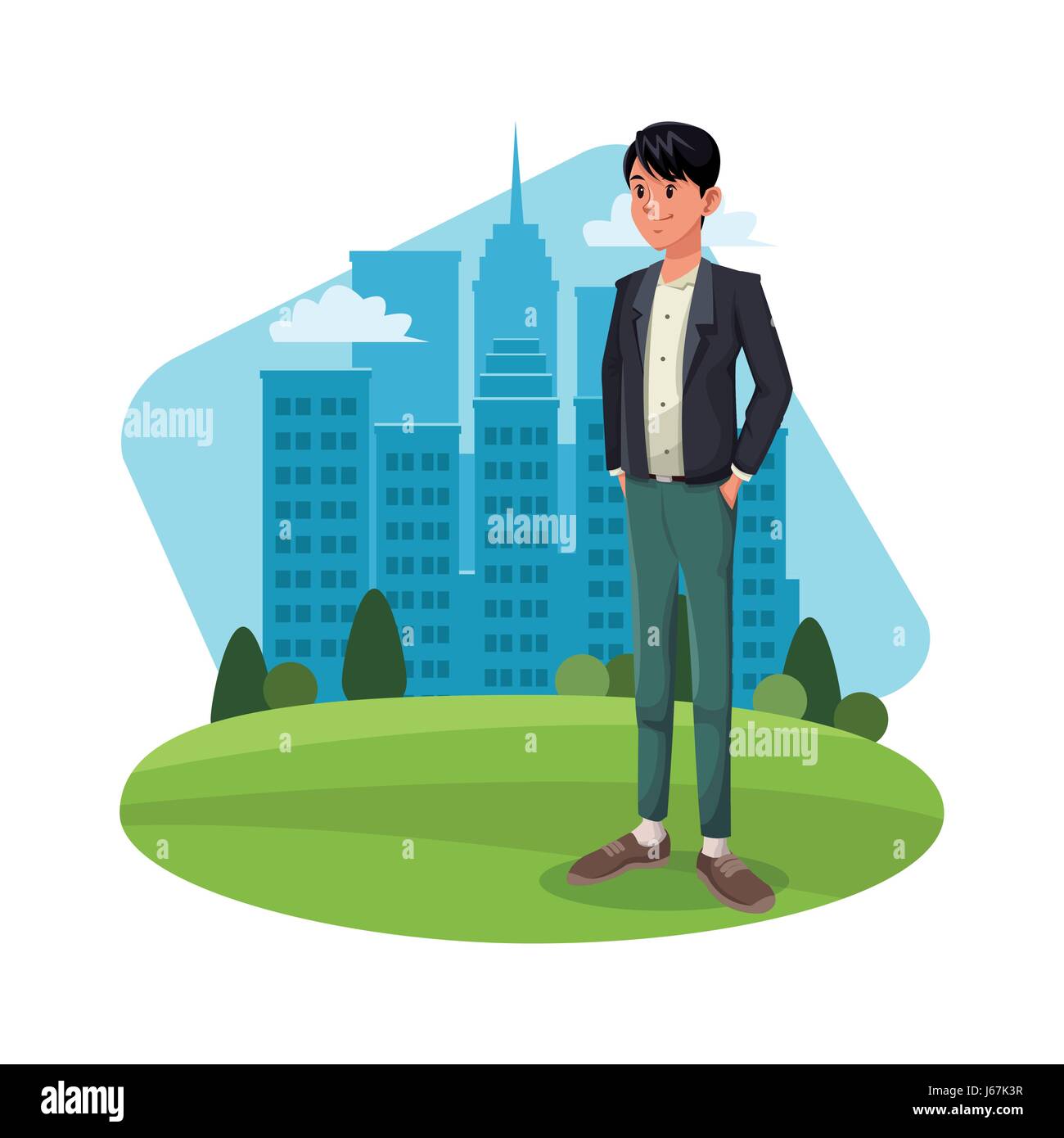 cartoon guy standing grass with city building background Stock Vector ...