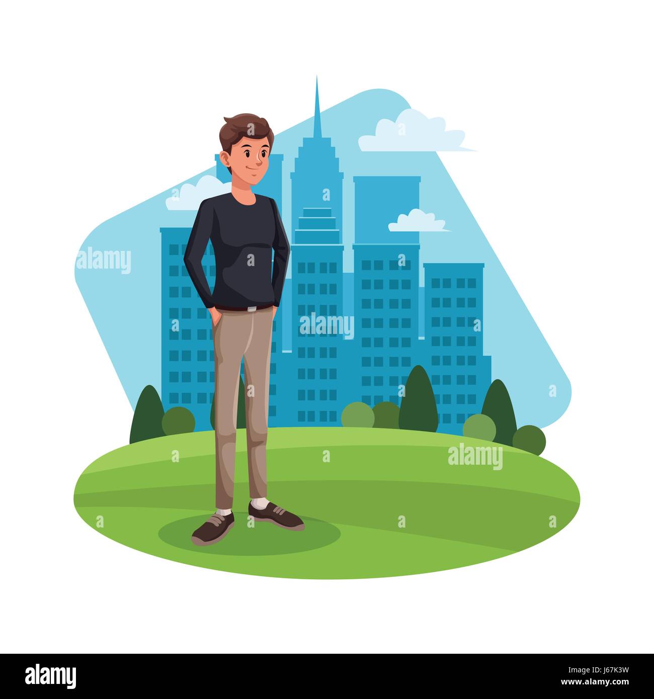 cartoon guy standing grass with city building background Stock Vector ...