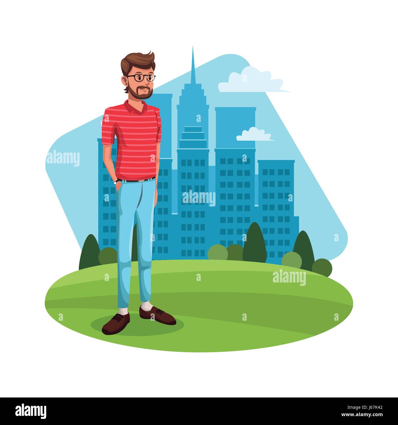 cartoon guy standing grass with city building background Stock Vector ...