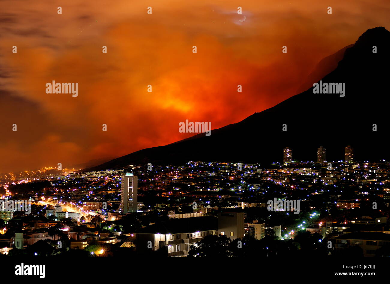 night nighttime fire conflagration south africa cape town smoke smoking ...
