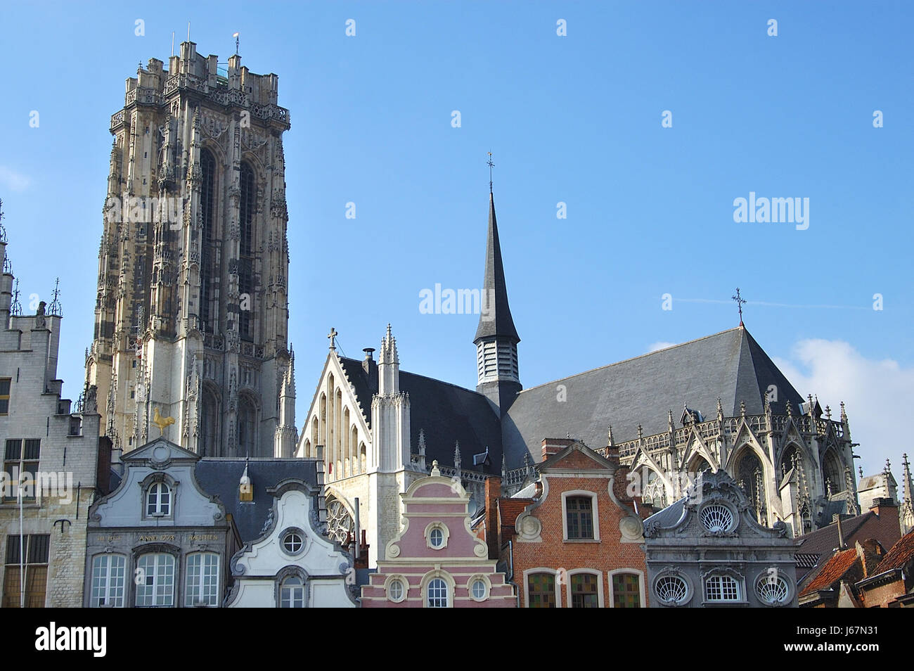 cathedral old town townscape belgium storefronts gable buildings church ...