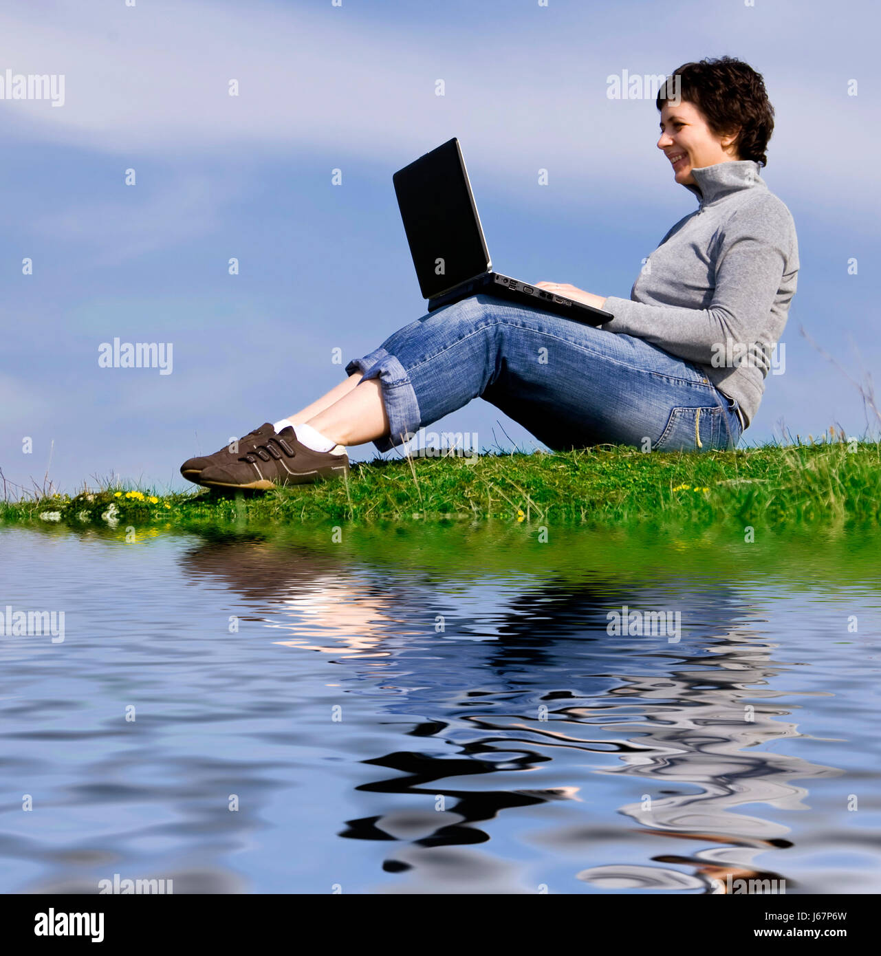 woman laptop notebook computers computer fresh water lake inland water ...