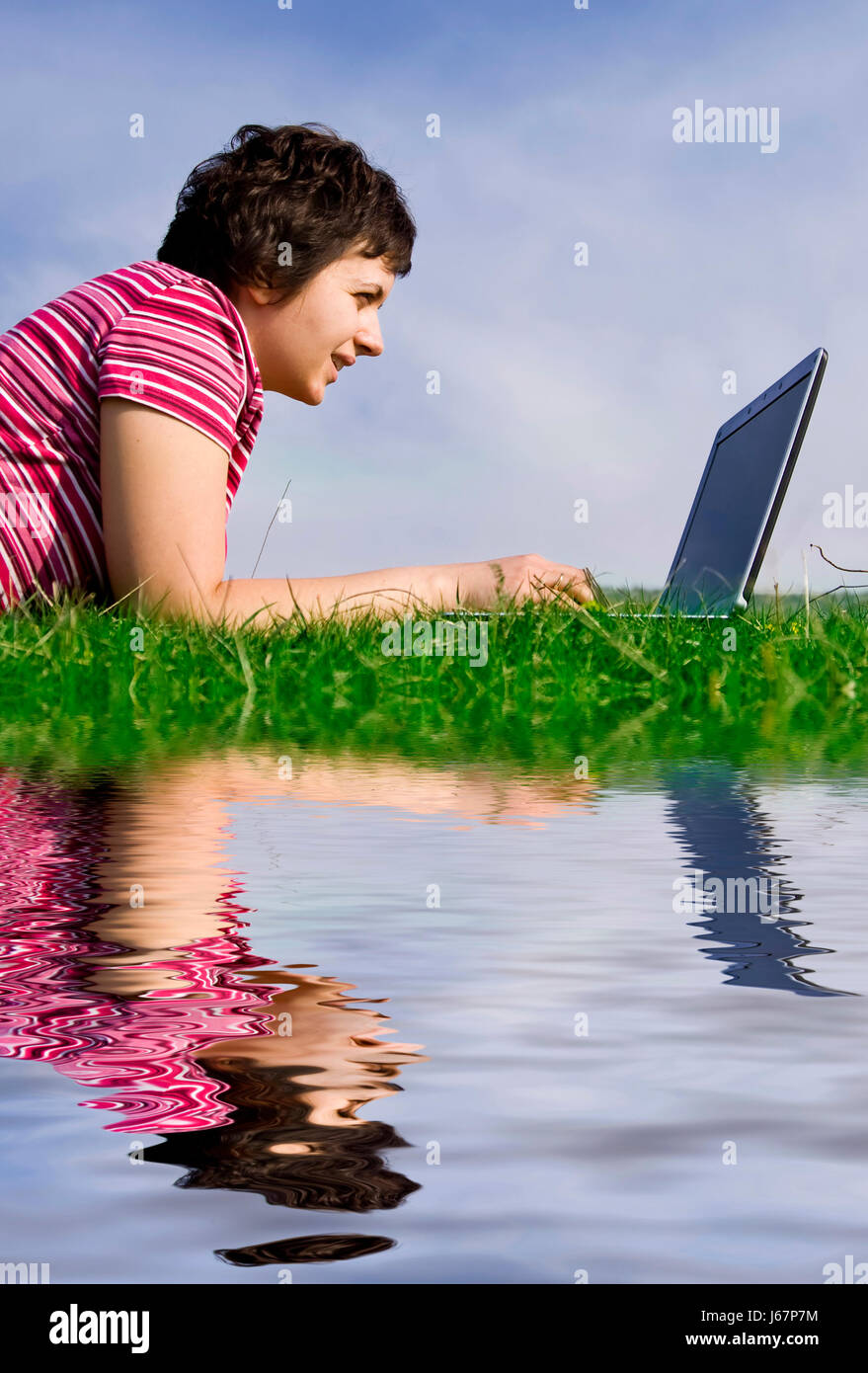 woman laptop notebook computers computer fresh water lake inland water ...