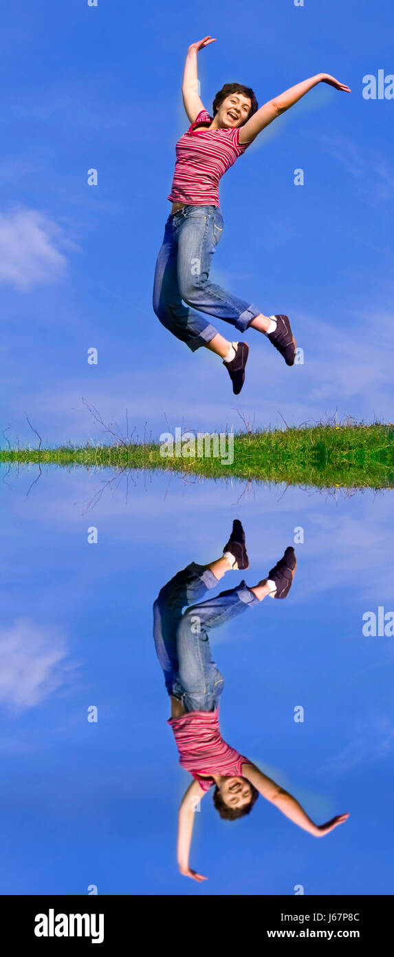 woman spring bouncing bounces hop skipping frisks jumping jump high ...