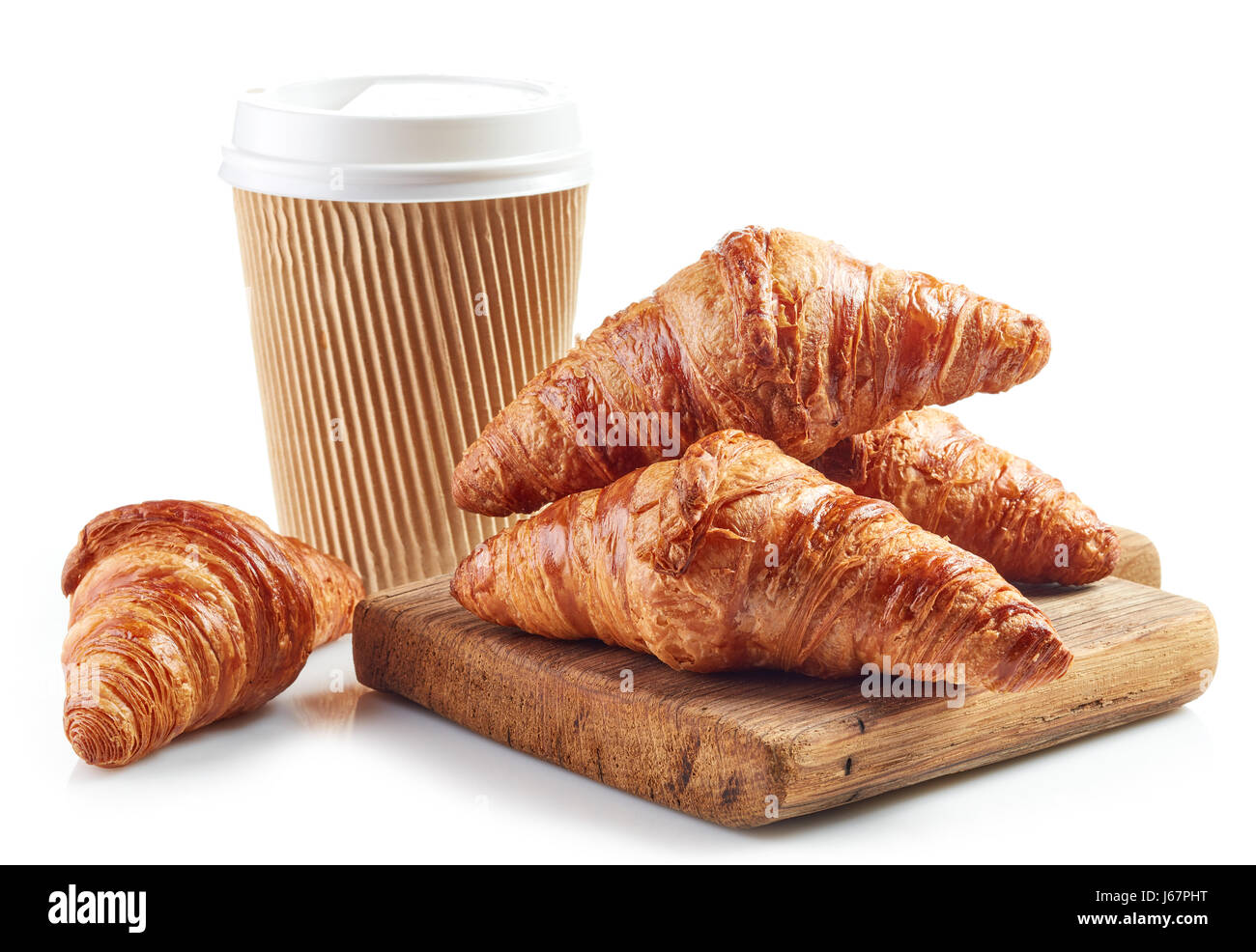 freshly baked croissants and take away coffee cup isolated on white ...