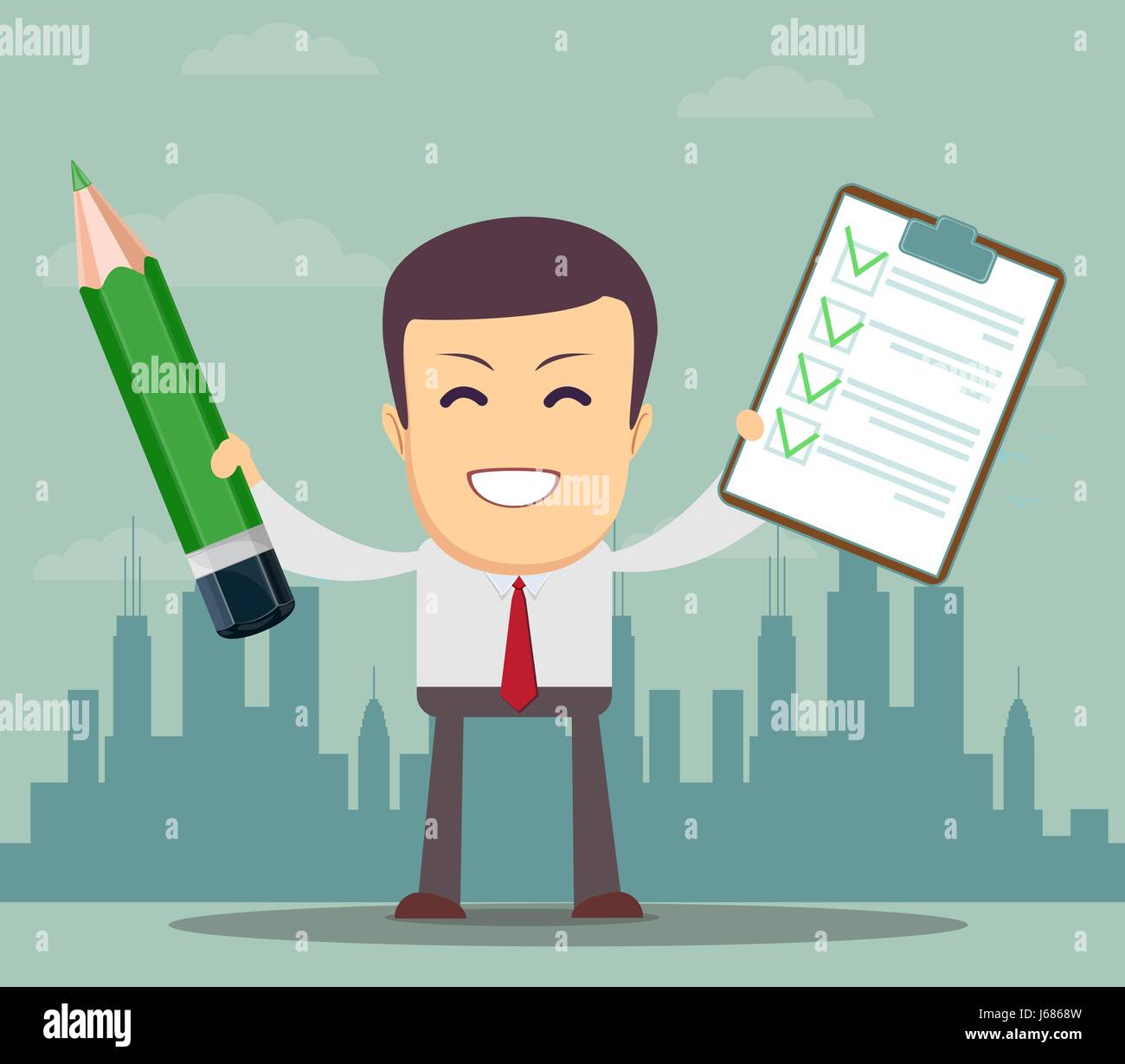 Man holding a pencil and list of tasks. or questionnaire Stock Vector ...